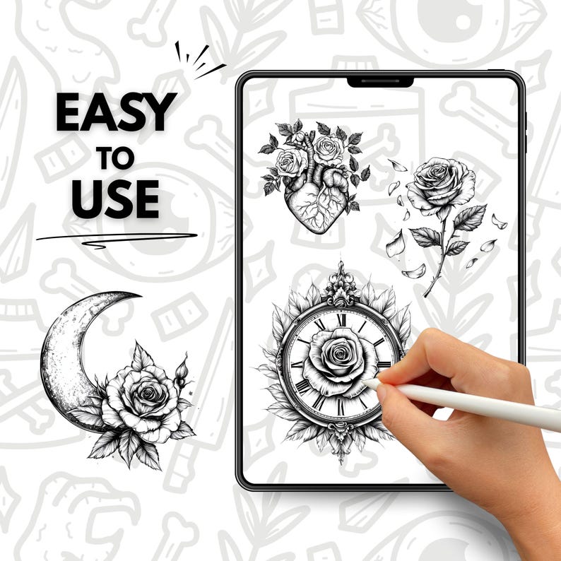 100 Rose Hand Drawn Tattoo Stamps, Procreate Tattoo Brushes, Photoshop ...