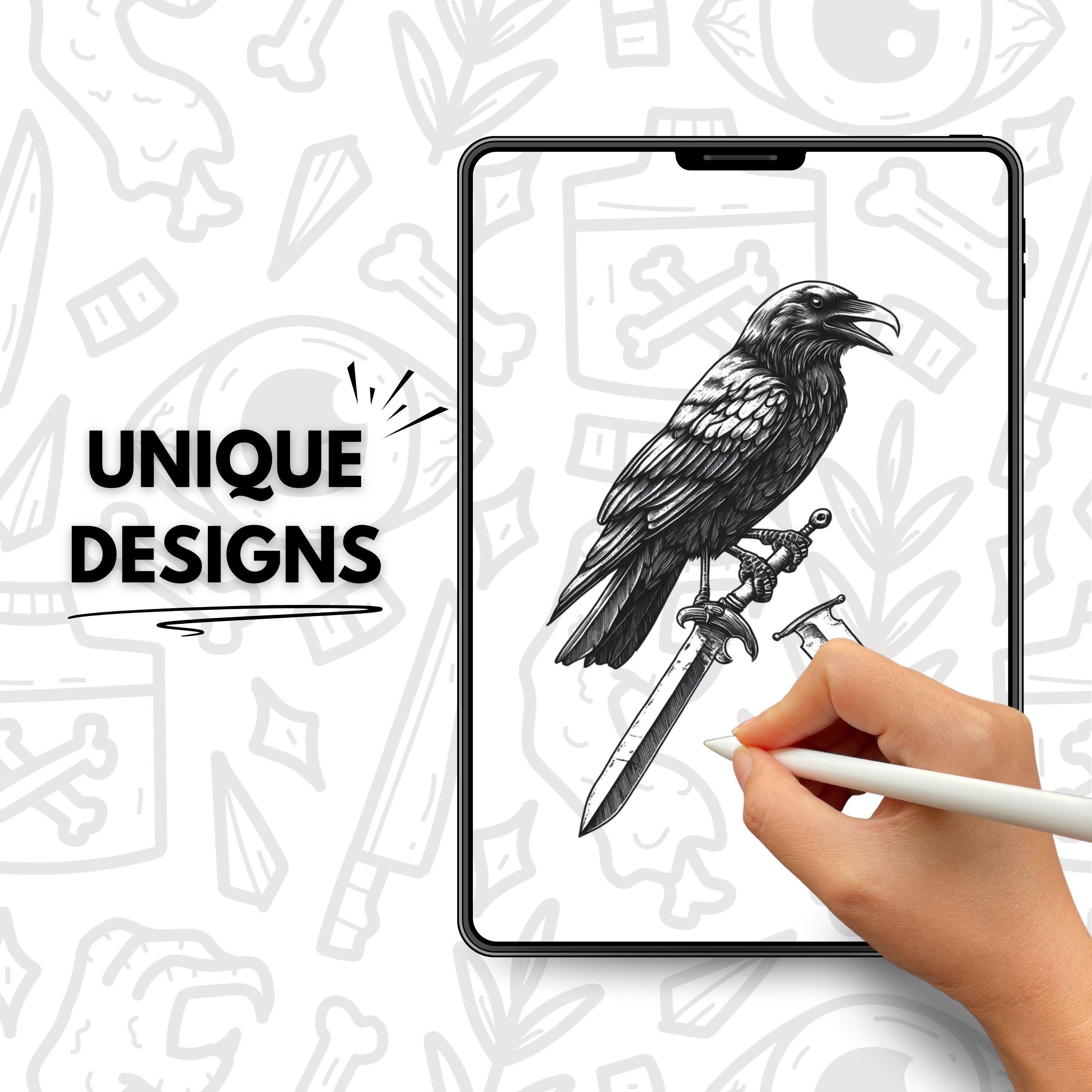 100 Raven Hand Drawn Tattoo Stamps, Procreate Tattoo Brushes, Photoshop ...