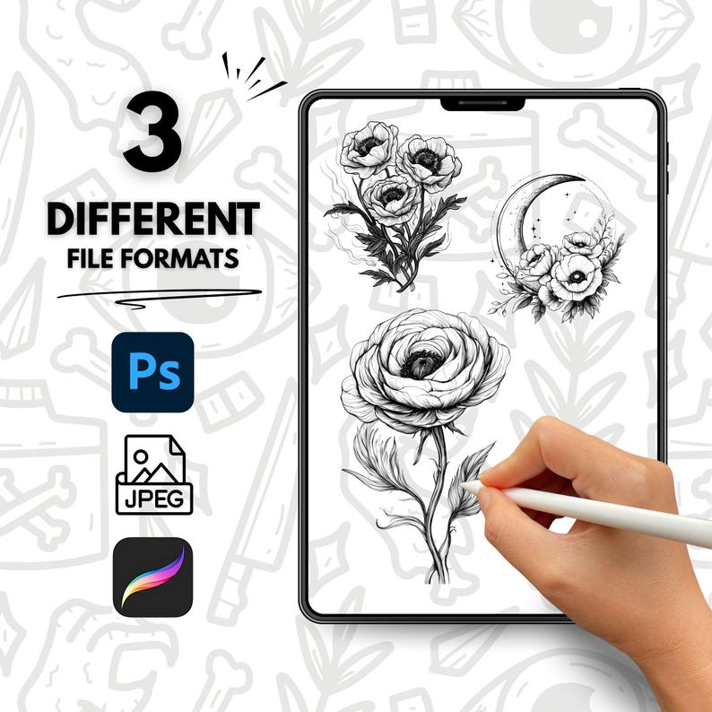 100 Ranunculus Hand Drawn Tattoo Stamps, Procreate Tattoo Brushes ...
