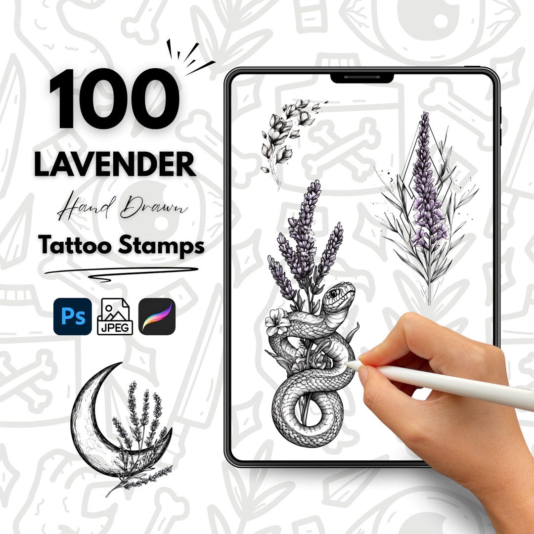 100 Lavender Hand Drawn Tattoo Stamps, Procreate Tattoo Brushes ...