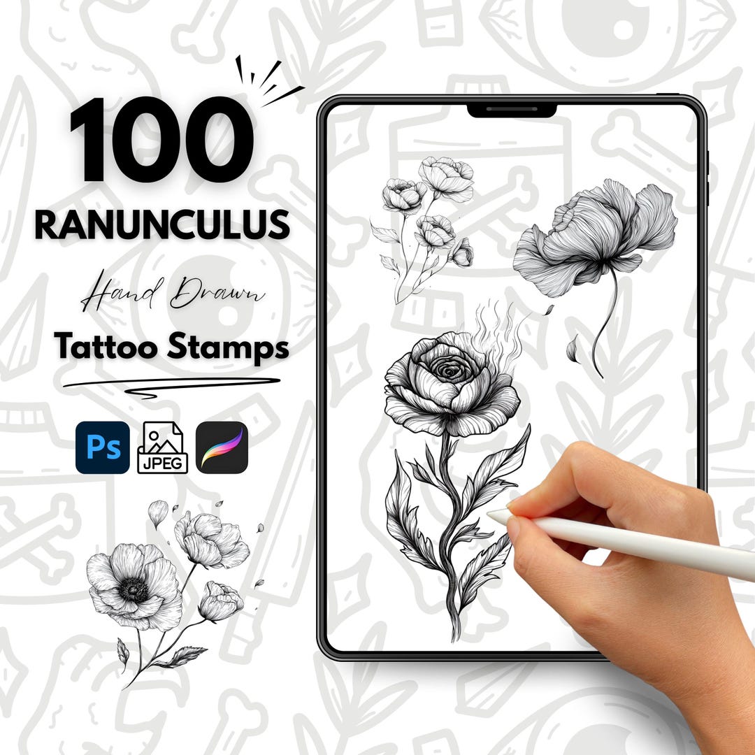 100 Ranunculus Hand Drawn Tattoo Stamps, Procreate Tattoo Brushes ...