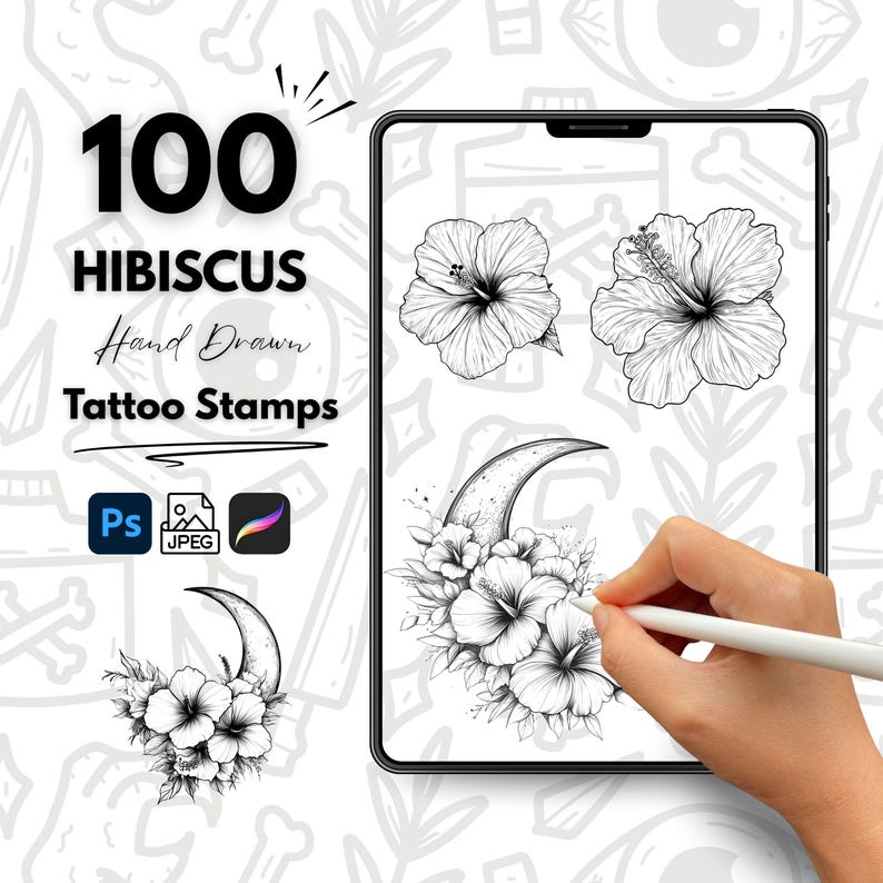 100 Hibiscus Hand Drawn Tattoo Stamps, Procreate Tattoo Brushes ...
