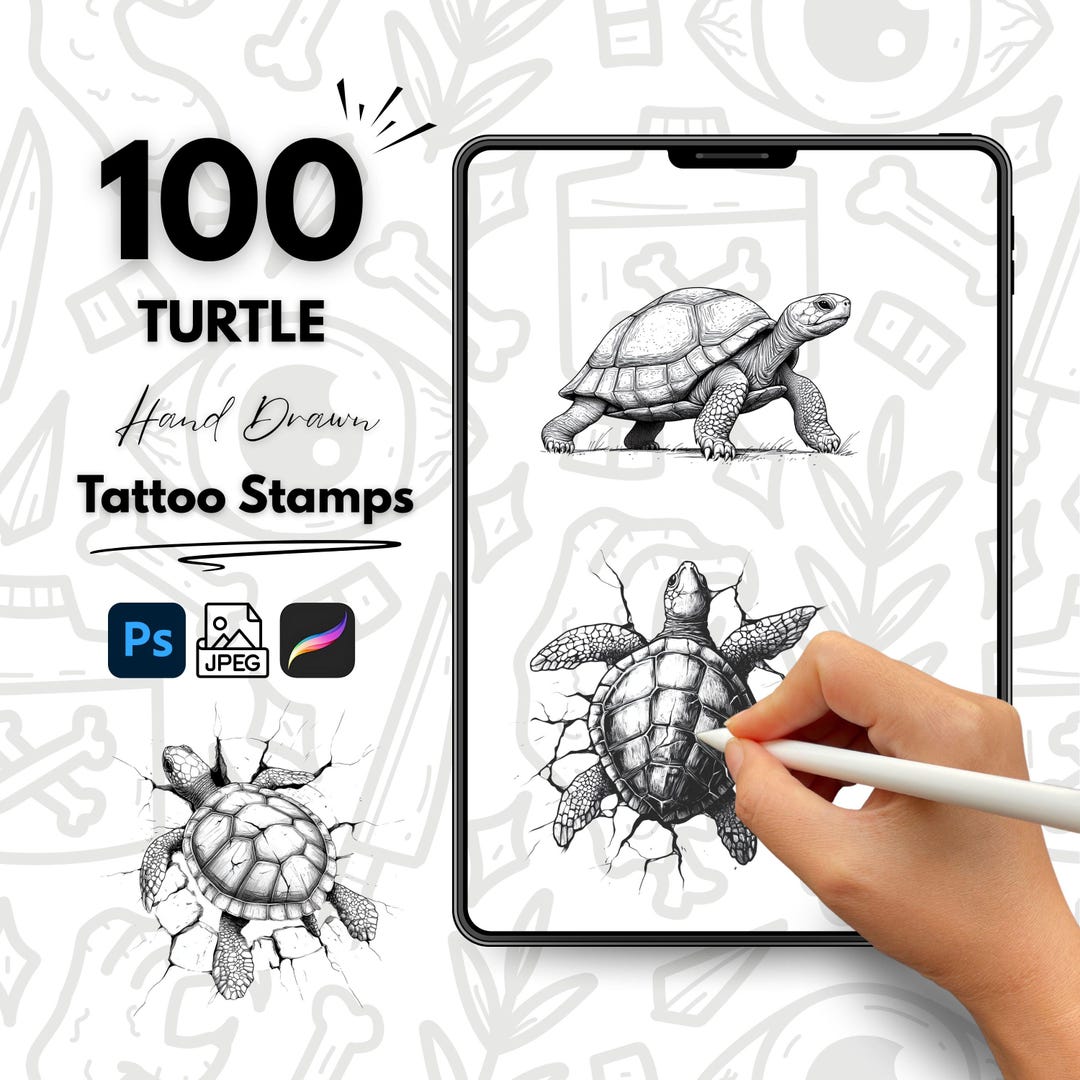 100 Turtle Hand Drawn Tattoo Stamps, Procreate Tattoo Brushes, Photoshop Tattoo Brushes, Turtle ...
