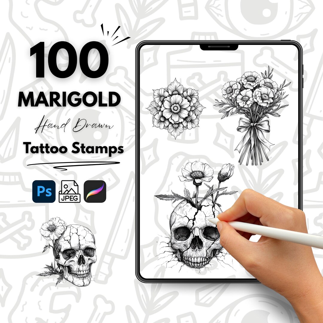 100 Marigold Hand Drawn Tattoo Stamps, Procreate Tattoo Brushes ...