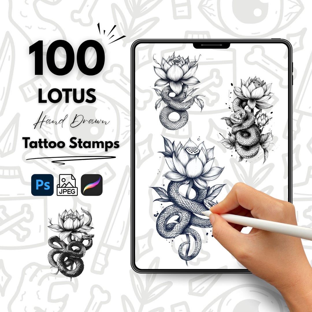 100 Lotus Hand Drawn Tattoo Stamps, Procreate Tattoo Brushes, Photoshop ...