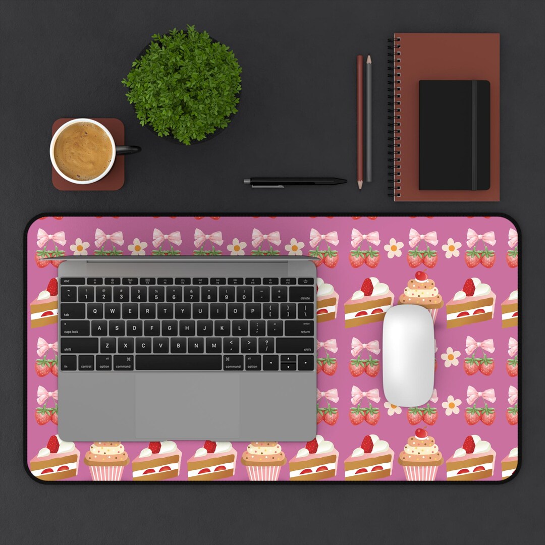 Pink Strawberry Sweetness Cottagecore Desk Mat Cute Pastel Strawberry ...