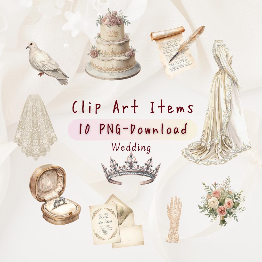 Antique Wedding Clipart Set | Rings, Dress, Bouquet, Cake, Tiara ...