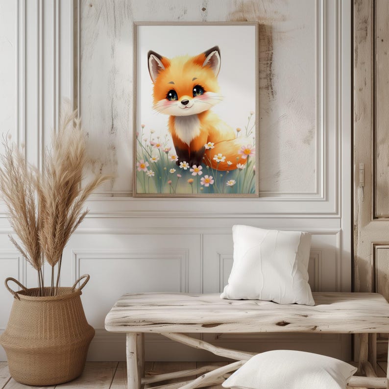 Cute Fox Digital Art, Animal Print, Floral Wall Art, Fox Poster ...