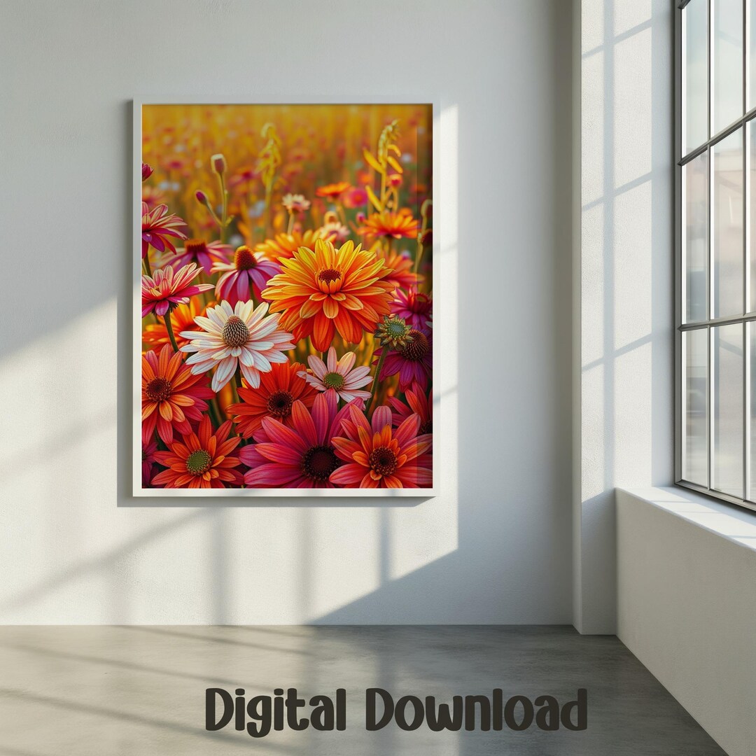 Digital Flower Poster, Daisy Field Print, Floral Wall Art, Colorful ...