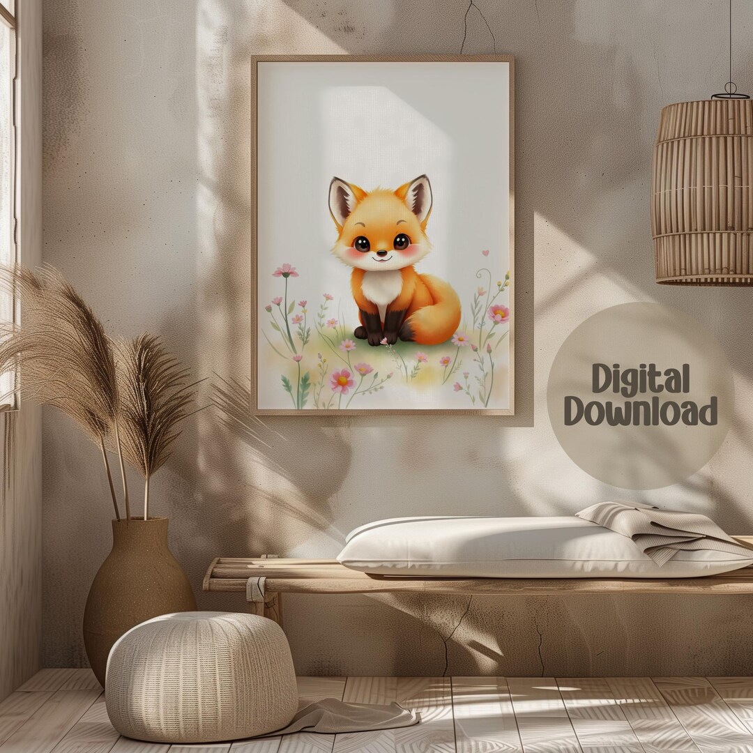 Cute Fox Digital Poster, Nursery Wall Art, Floral Watercolor Print ...