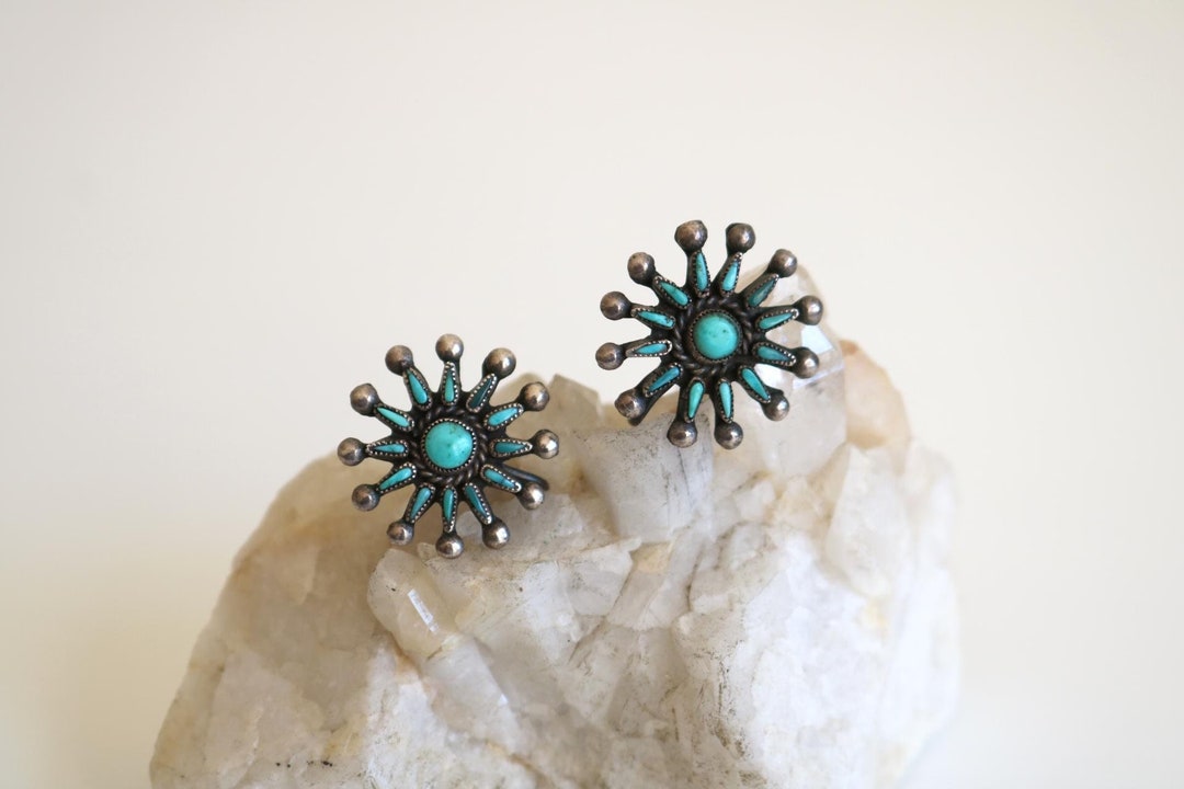 Native American Sterling Starburst Turquoise Screw Back Earrings - Etsy