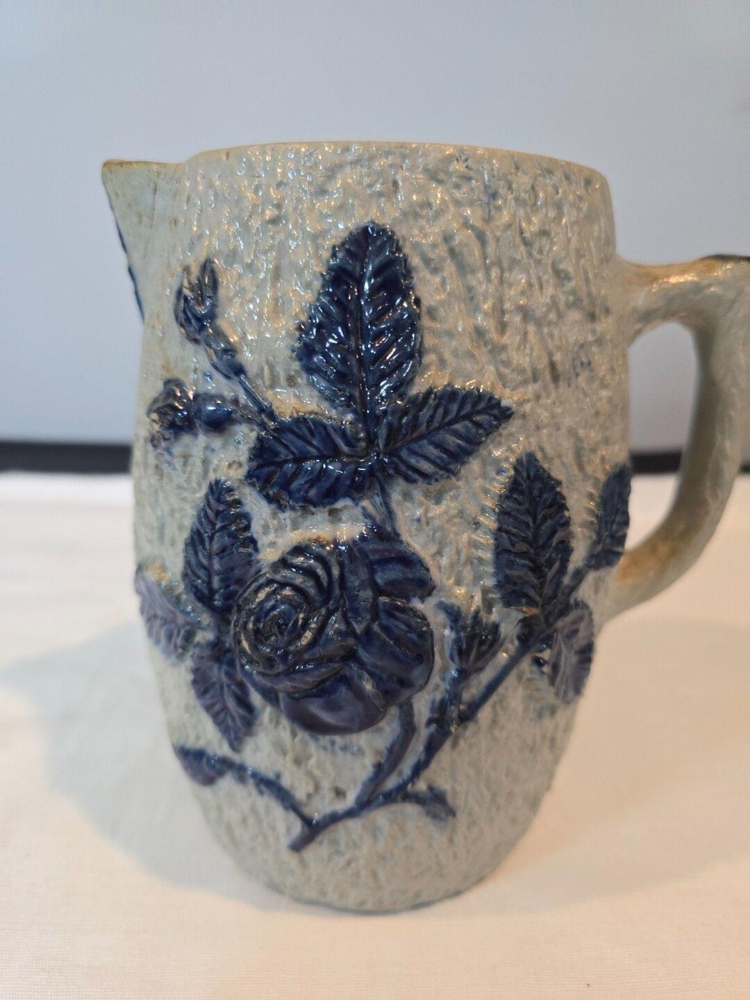 Antique Utica Pottery Stoneware Pitcher Blue Raised Rose Pattern 1800s ...