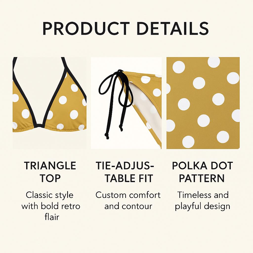 Mustard Polka Dot Bikini Set – Retro Triangle Tie Swimsuit for Beach ...