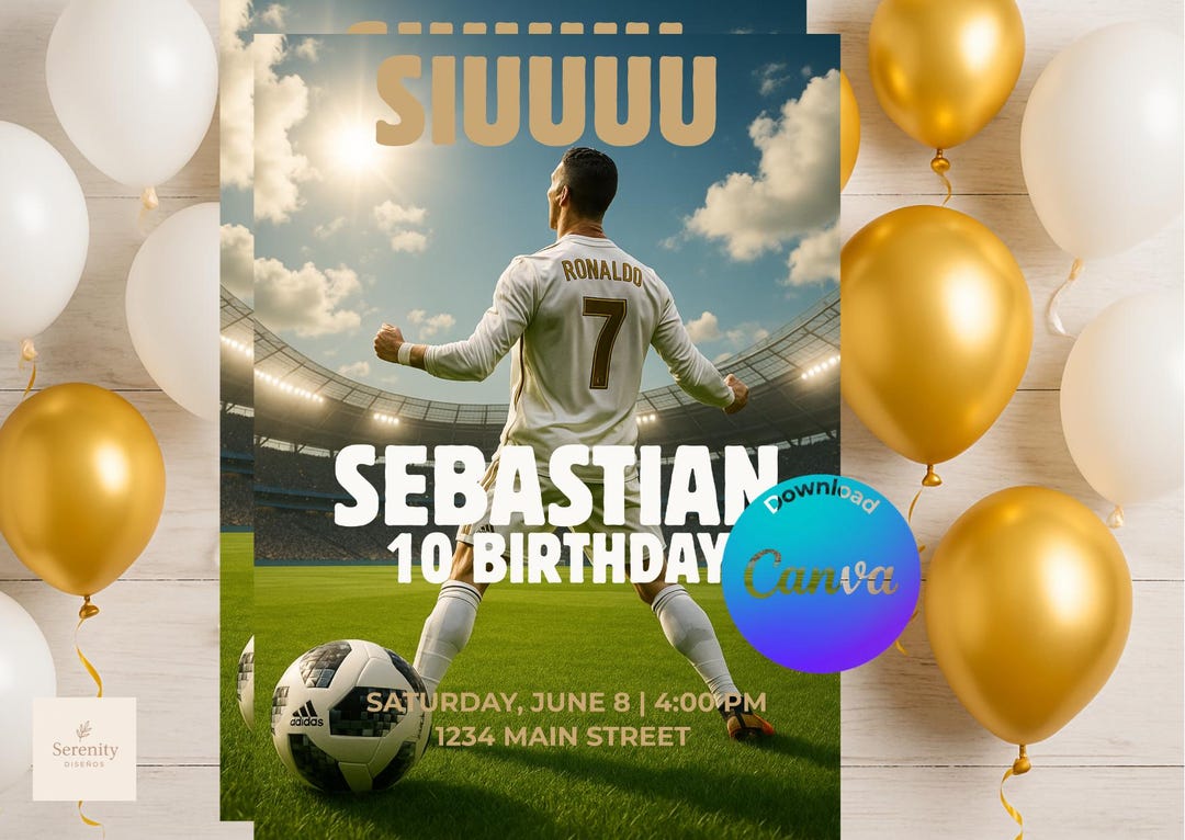 Cristiano Ronaldo Soccer Birthday Invitation | Editable Football Party ...
