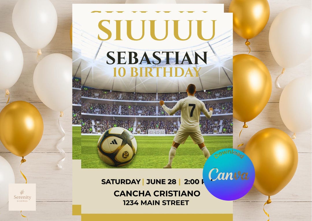 Cristiano Ronaldo Birthday Invitation | Editable Soccer Party Invite ...