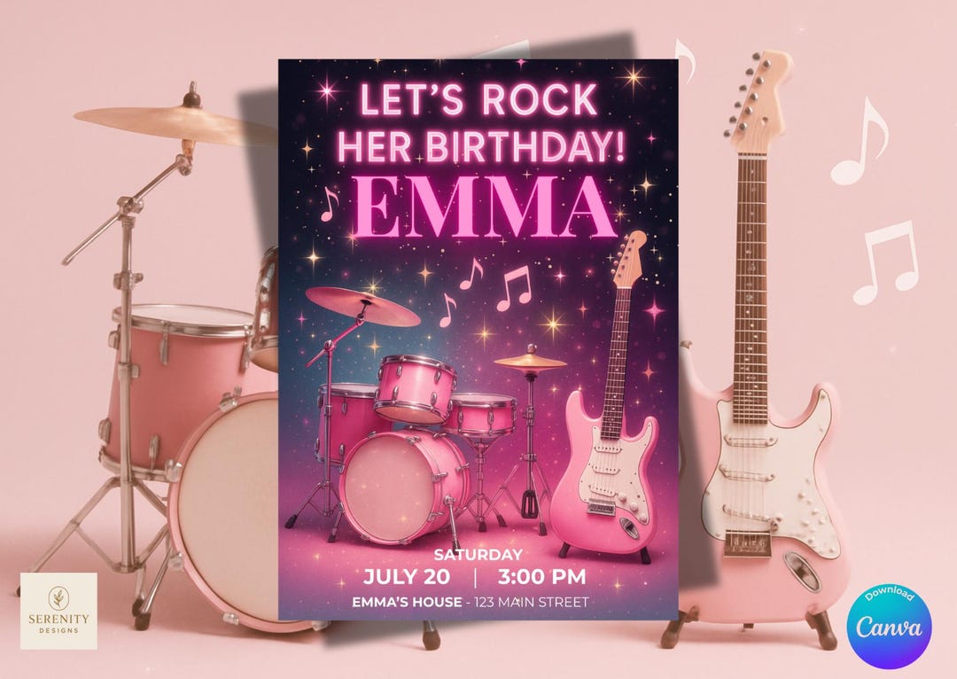Pink Rockstar Birthday Invitation for Girls | Canva Editable Template ...