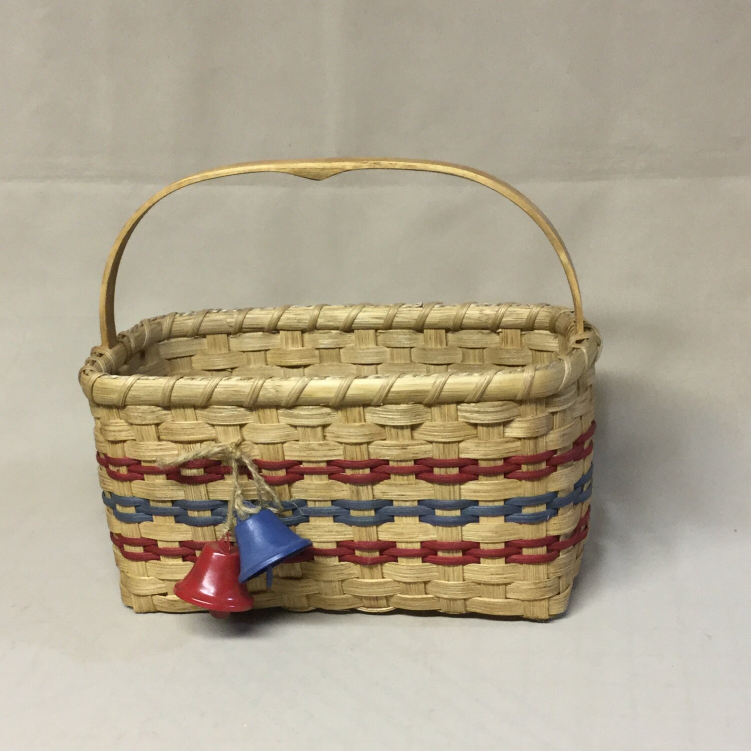 Hand Woven Basket With Jingle Bell Decoration, Accents of Red and Blue ...