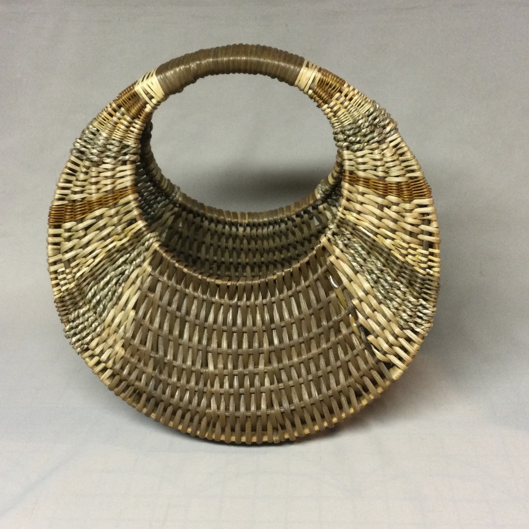 Hand Woven Ribbed Hen Basket With Wrapped Handle, Brown and Gold Accent ...