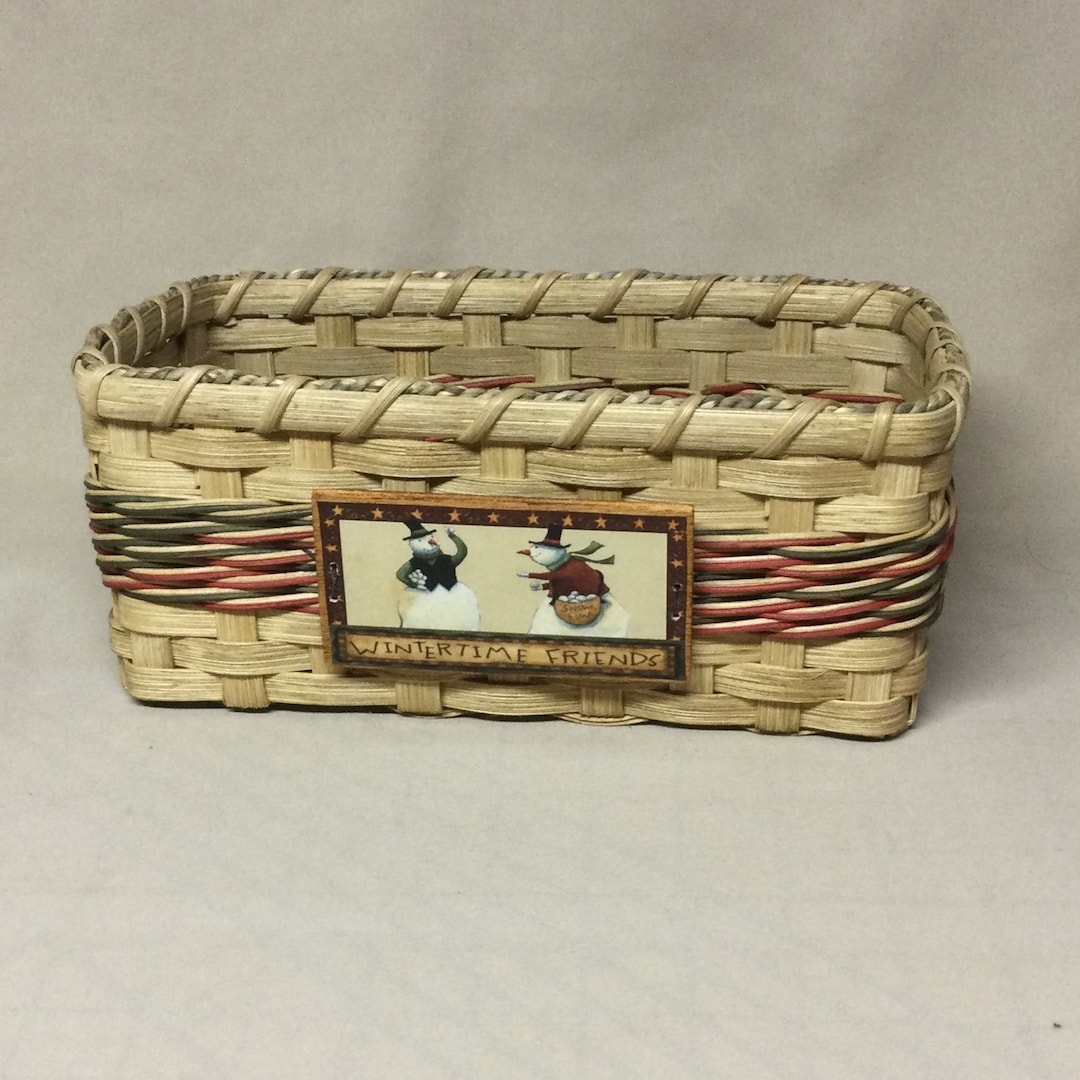 Hand Woven Rectangular Basket With Red and Green Weaving, Wooden Tie-on ...