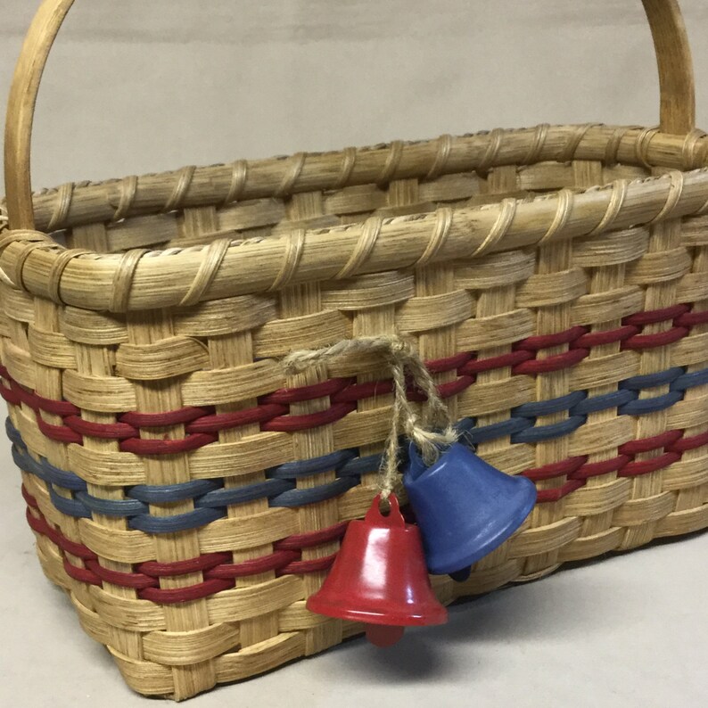Hand Woven Basket With Jingle Bell Decoration, Accents of Red and Blue ...