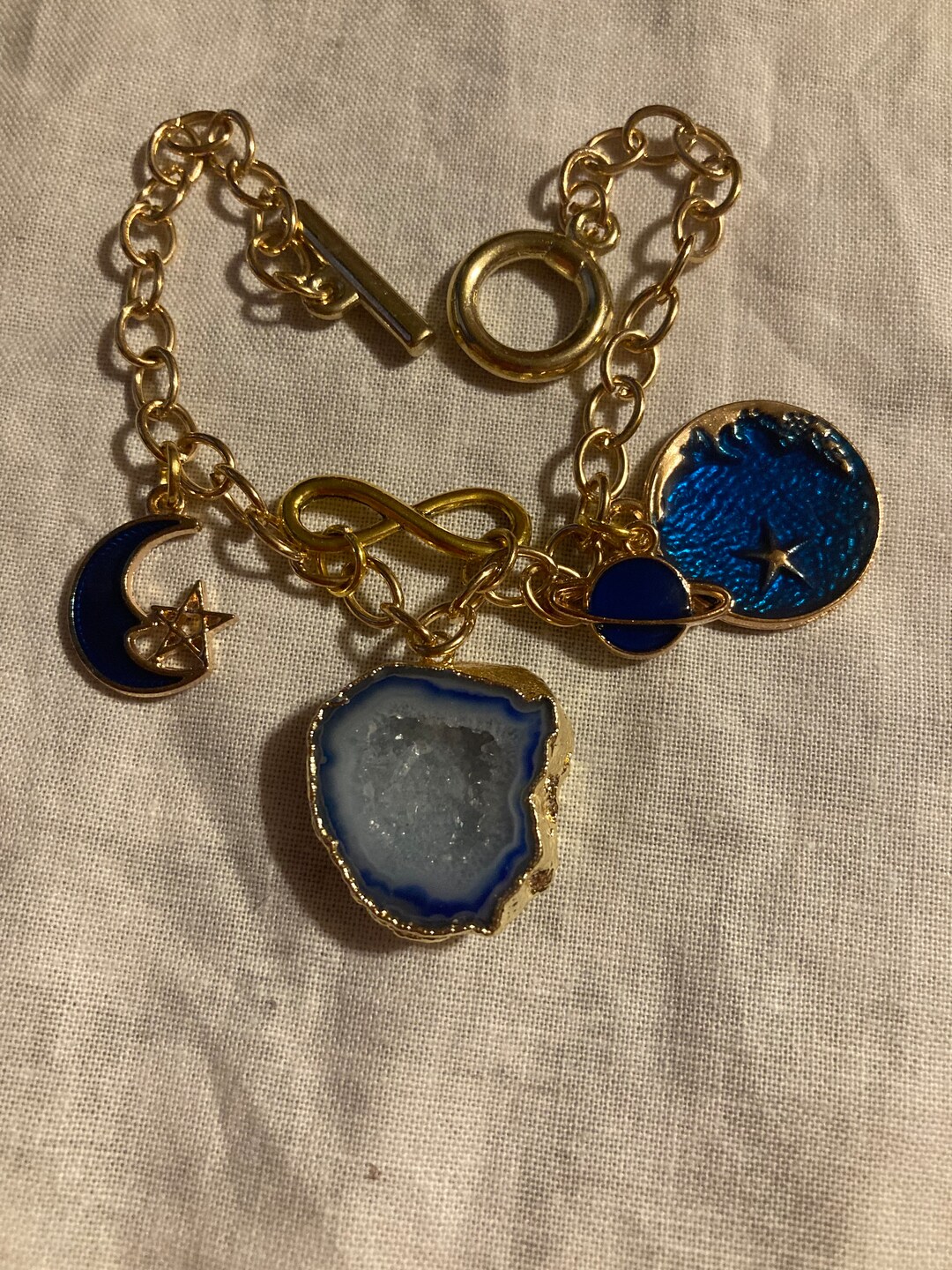 Gold Plated Blue Geode Celestial and Infinity Toggle Charm Bracelet - Etsy