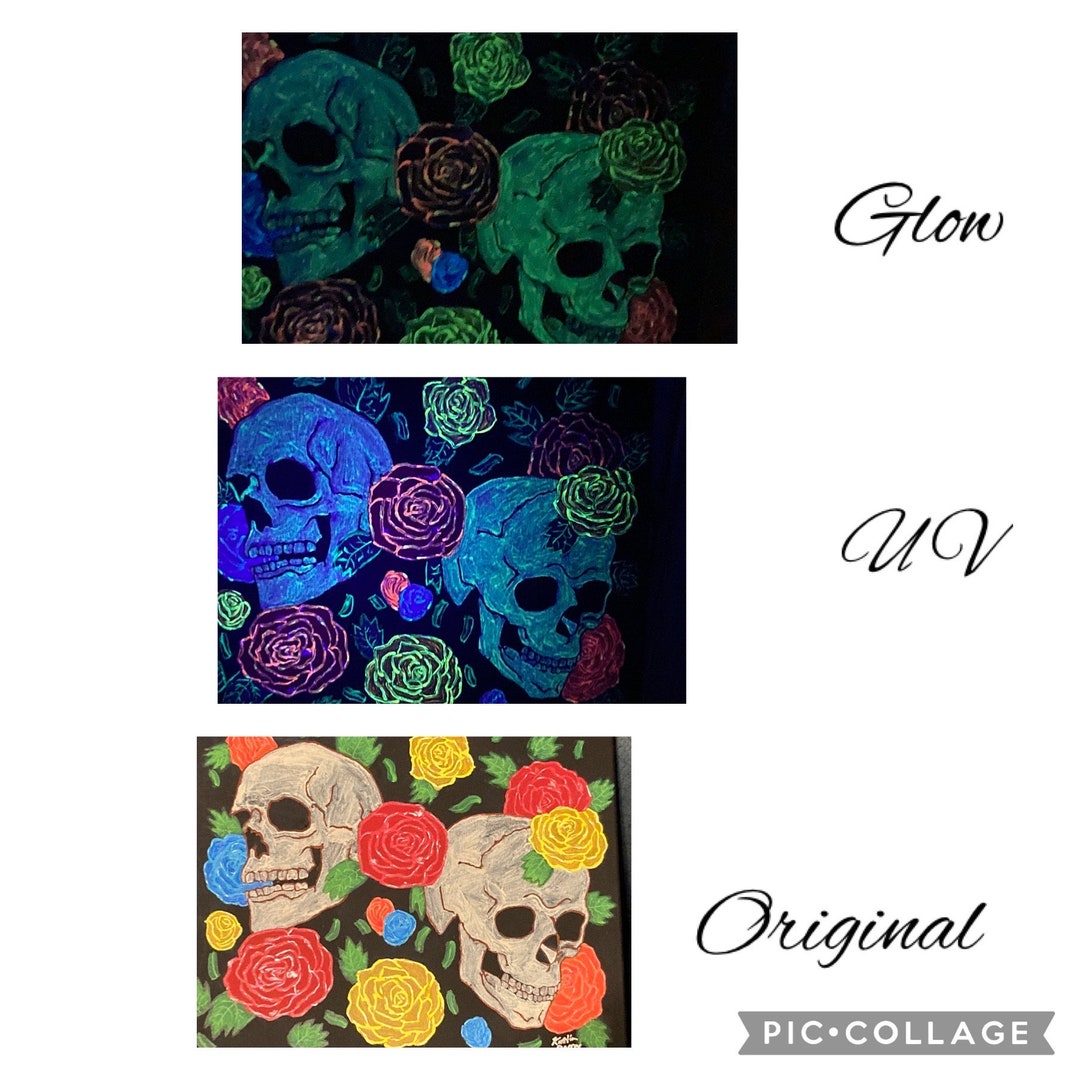 Triple View Skulls Roses Leaves Painting Comes With Blacklight Love ...