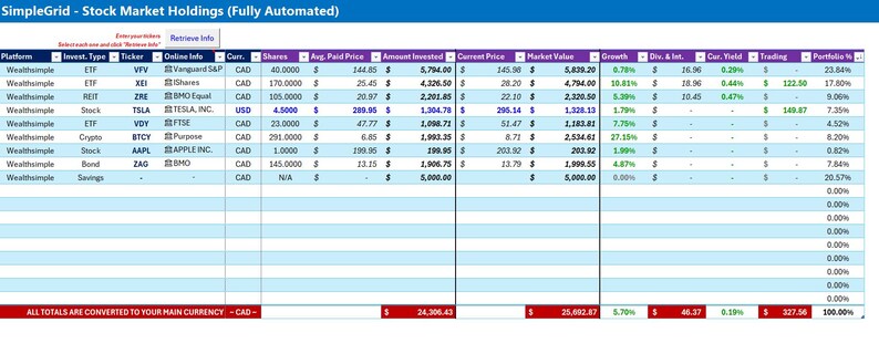 Stock Market Portfolio Tracker: Excel Investment Spreadsheet - Etsy