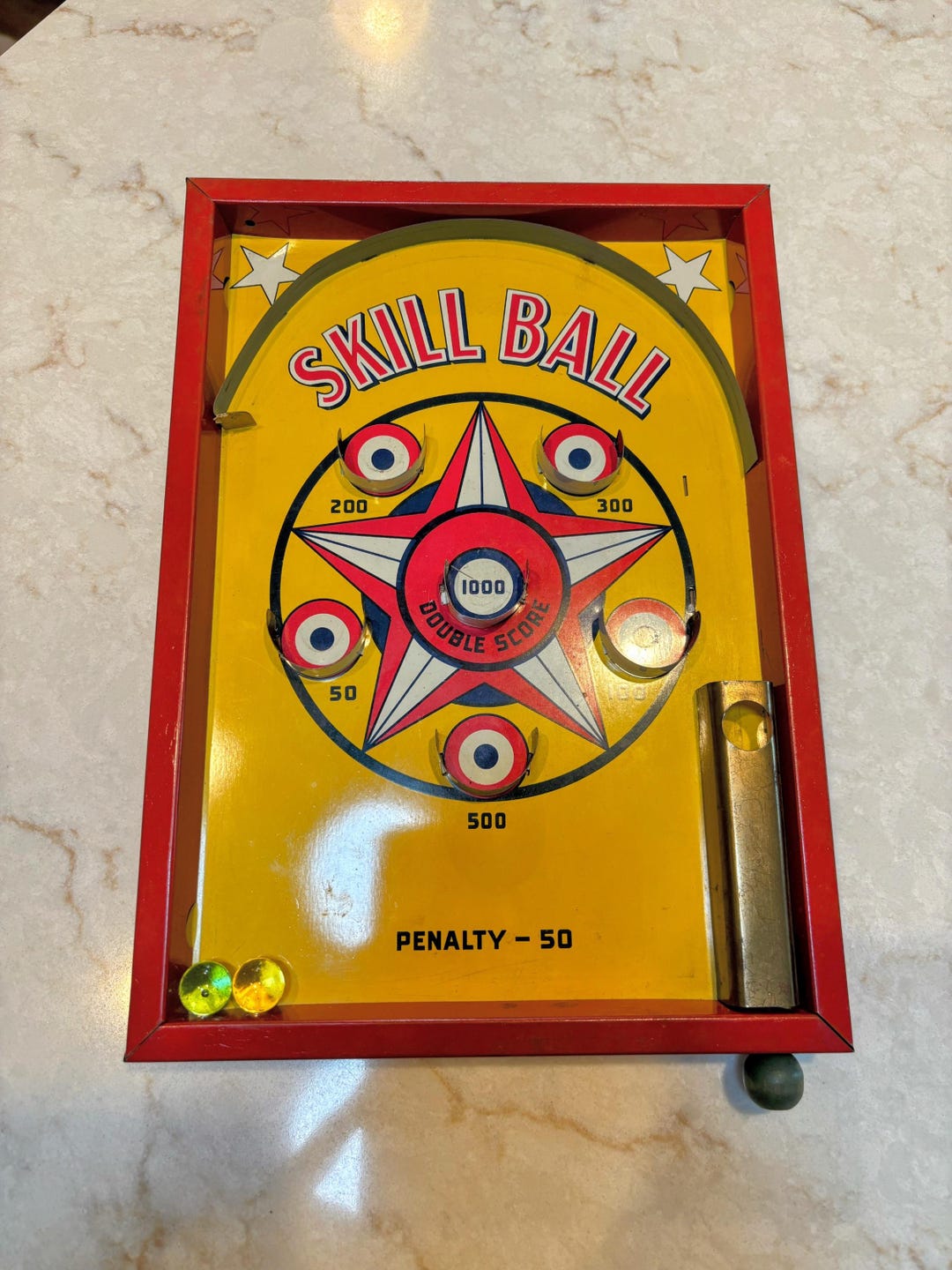 Vintage "skill Ball" Game on Stand With 2 Clear Colored Marbles ~ Tin ...
