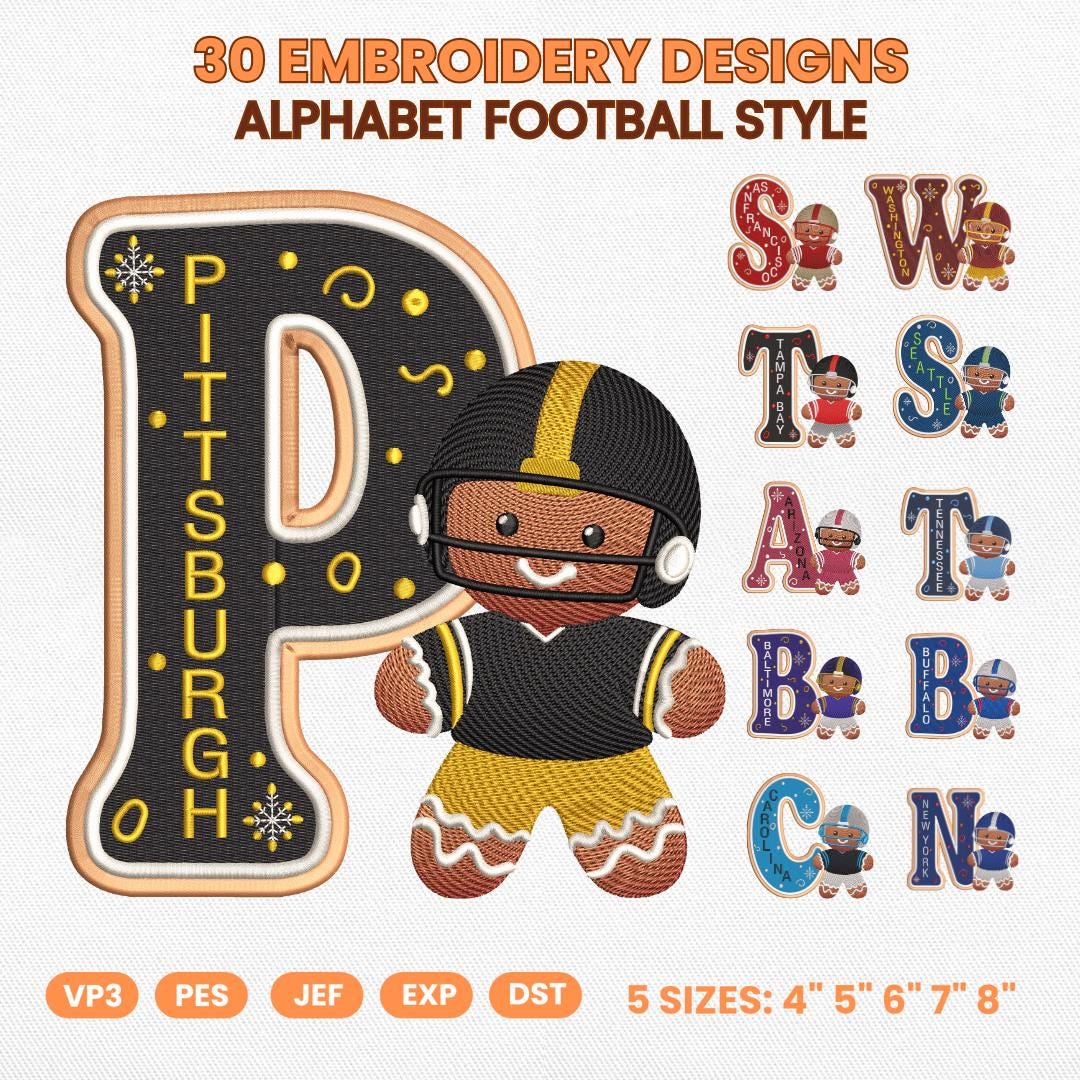 Football Alphabet Embroidery Bundle – 30 Gingerbread Football Player ...