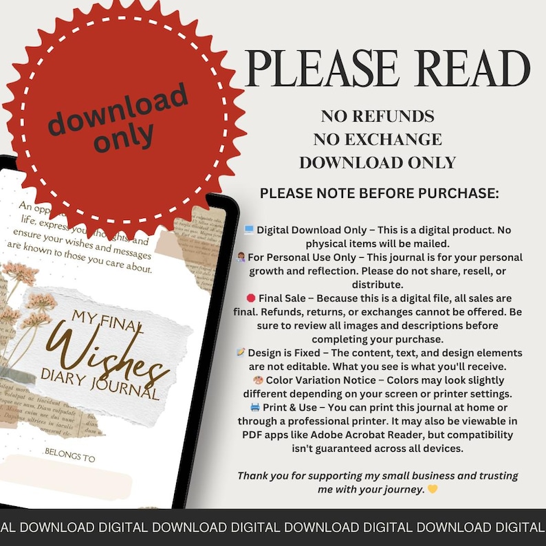 MY FINAL WISHES Diary Journal - Printable 38-page Final Wishes Journal ...