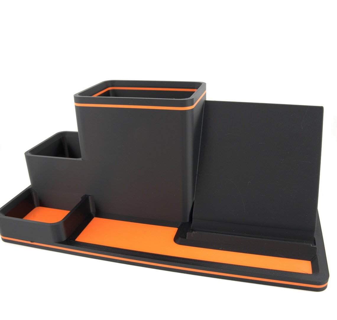 Desktop Organizer Caddy With Phone Stand – Modern Black & Orange 3D ...