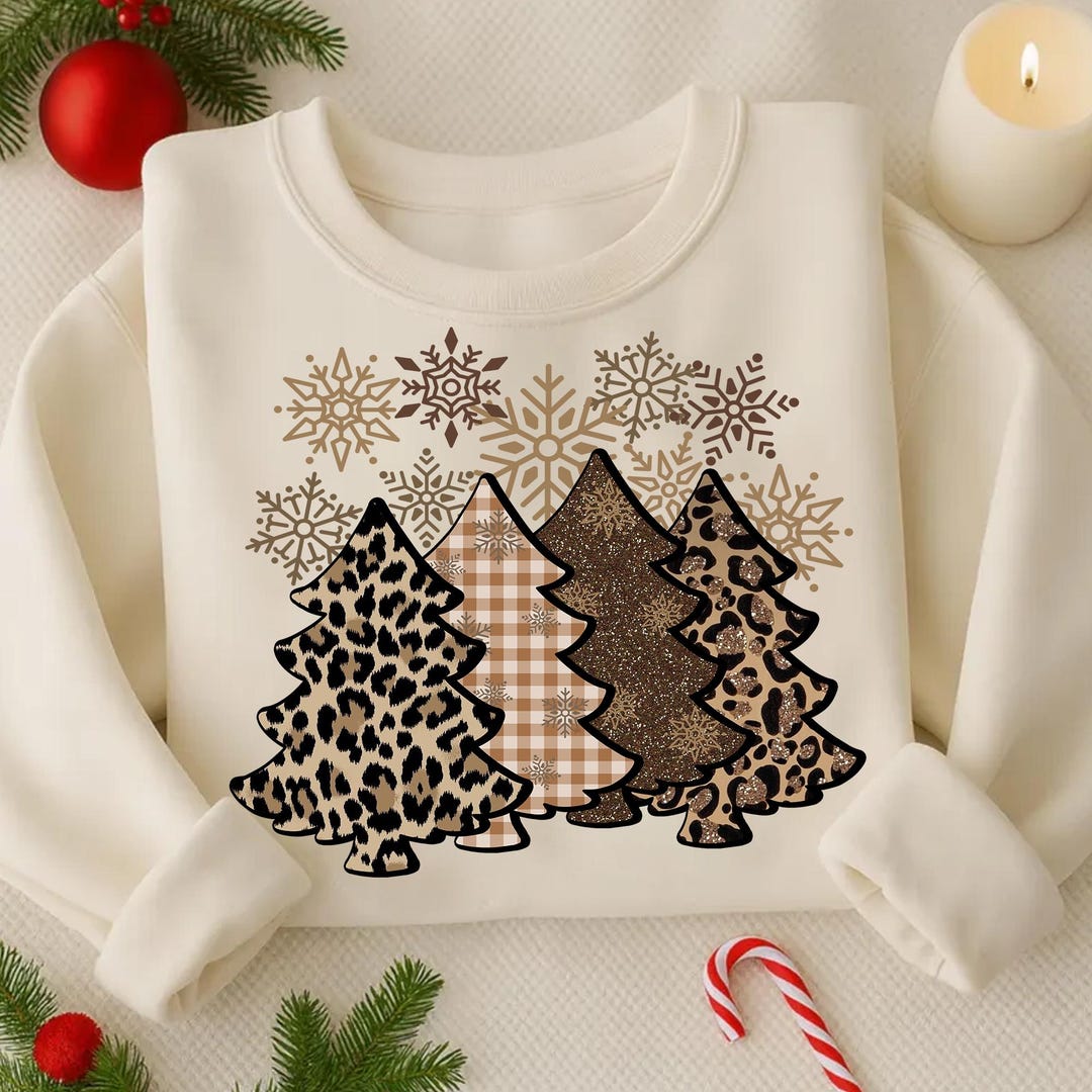 Rustic Leopard Christmas Tree PNG Bundle, Brown Plaid Glitter Tree ...