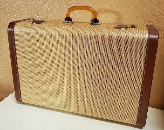 Tweed Suitcase, Bakelite Lucite Handle, Mid Century Luggage, Medium ...