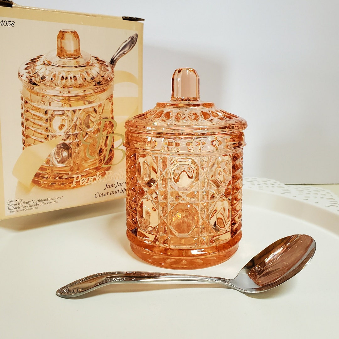 Boxed Jelly Jam Jar Set, Indiana Glass Peach Ballad Jar With Cover and ...