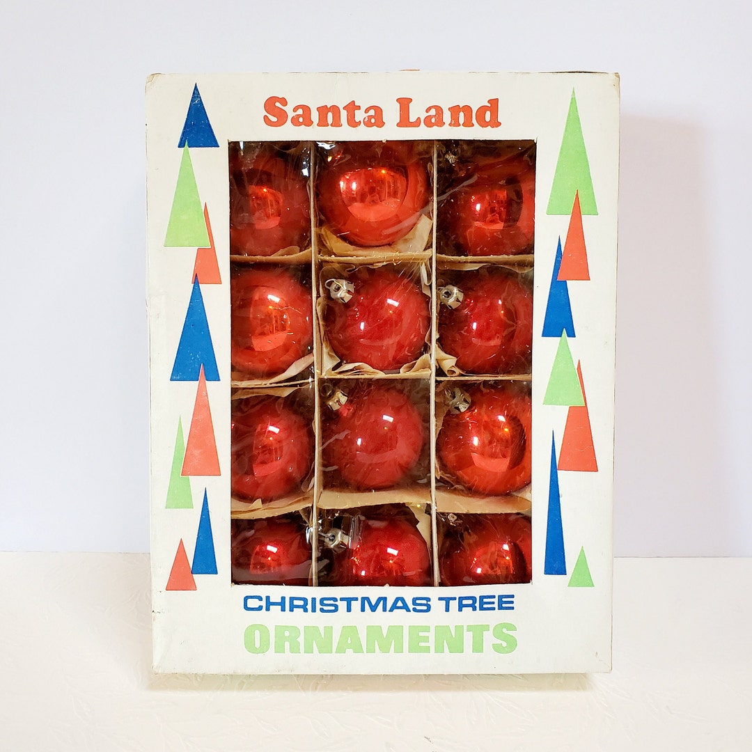 12 Santa Land Christmas Tree Ornaments, Original Box, Red Balls ...