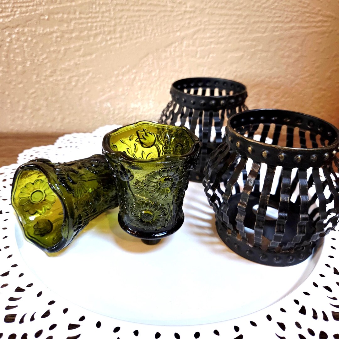 Two Metal Candle Holders, Crinkled Strips and Dot Pattern, Olive Green ...