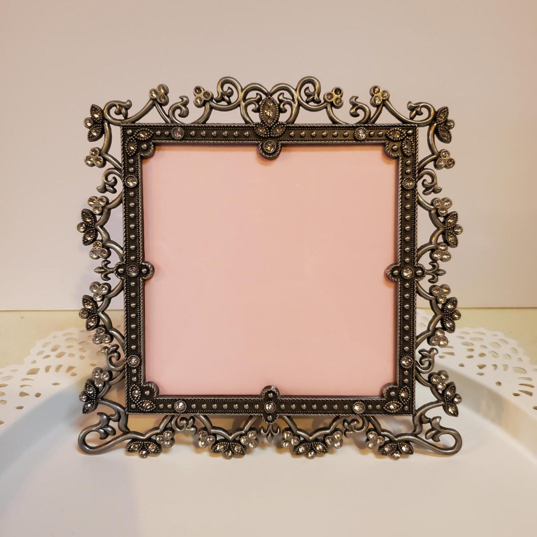 Holds 5 X 5 Photo, Filigree Picture Frame, Rhinestone Crystals, Pewter ...
