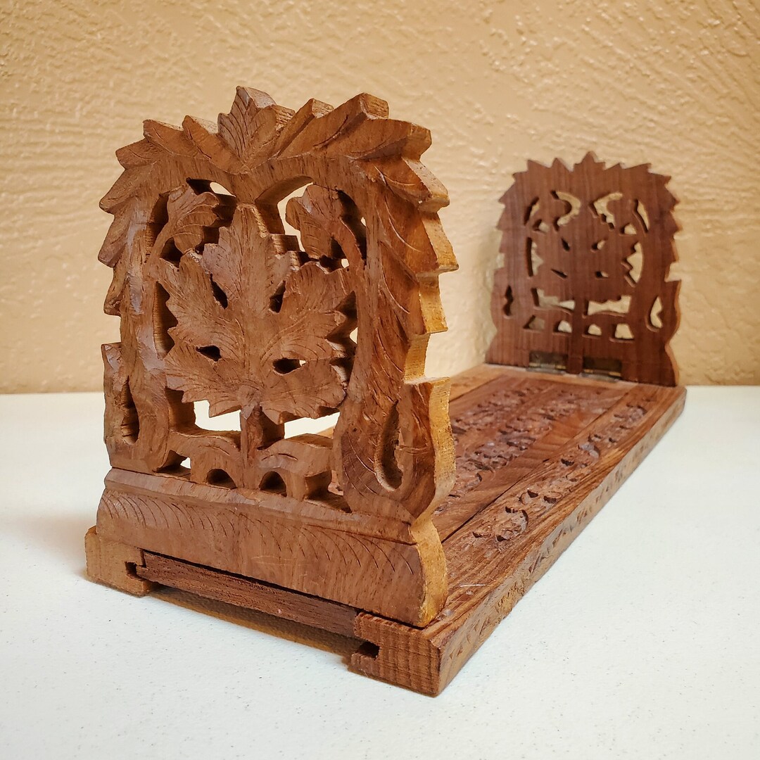 Folding Hand Carved Wood Book Rack, Made in India, Leaf Pattern ...