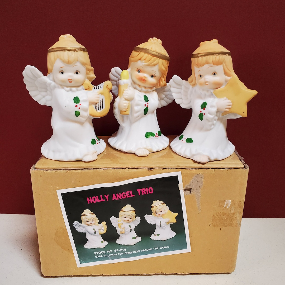 Holly Angel Trio Figurines, Christmas Decor, Ceramic Taiwan, Boxed Set ...