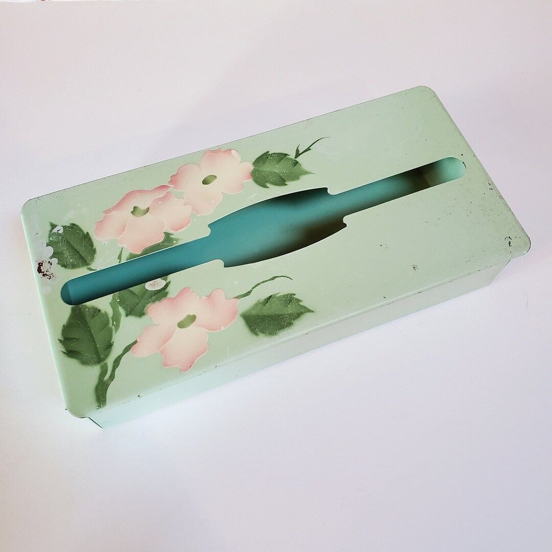 Floral Tissue Holder, Tole Hand Painted, Aqua Mint Green Metal Kleenex ...