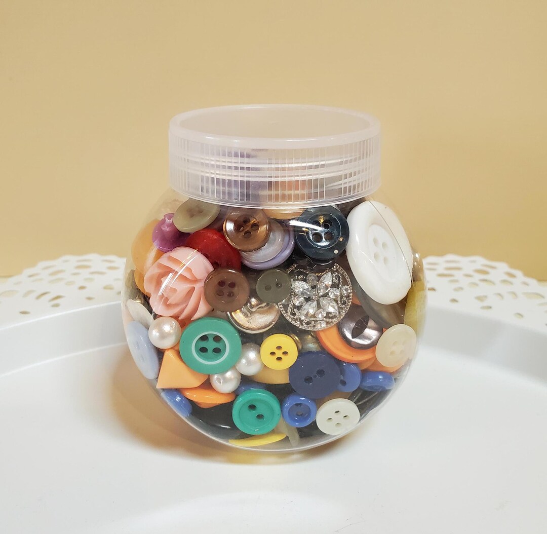 Old Buttons in Plastic Jar, Craft Sewing Supplies, Colorful Variety ...