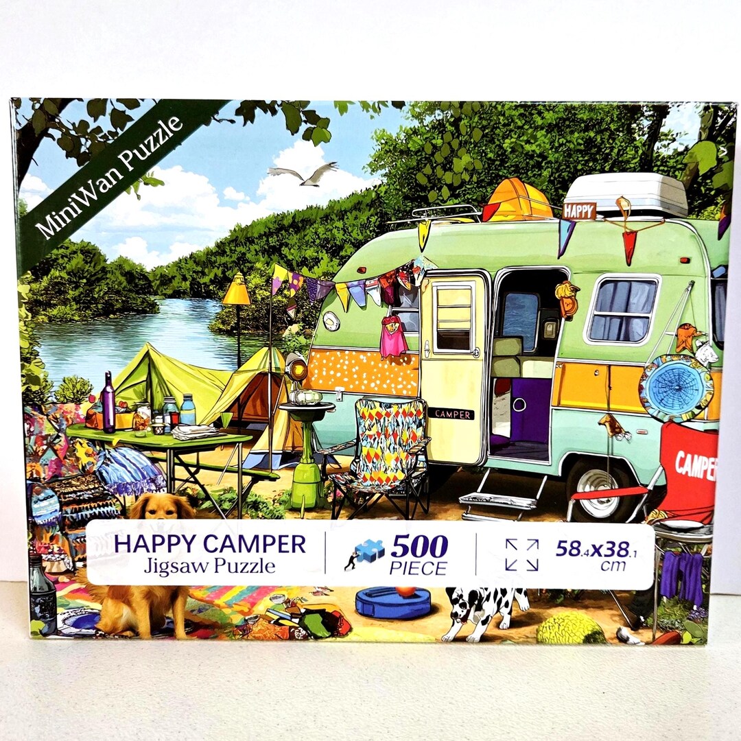 Happy Camper Puzzle 500 Piece Jigsaw, Camp Lake Trailer Tent Dog, PRE ...