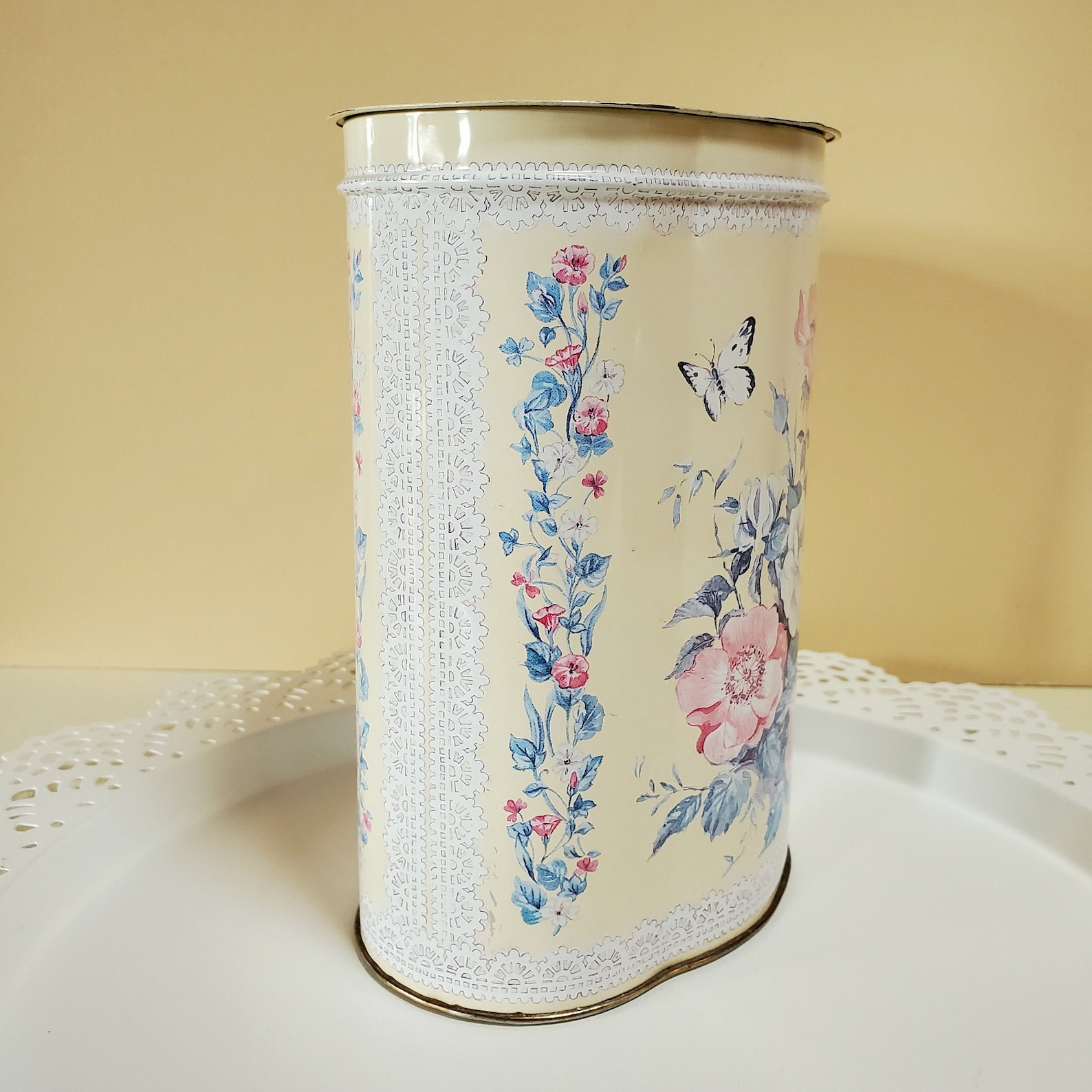 Storage Tin Made in England, Tall Canister, Floral Butterfly Lace ...