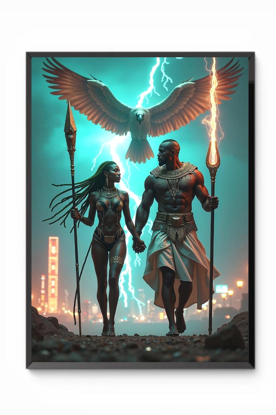 Afrofuturist Warrior Couple Wall Art | Lightning Fantasy Print | Black ...