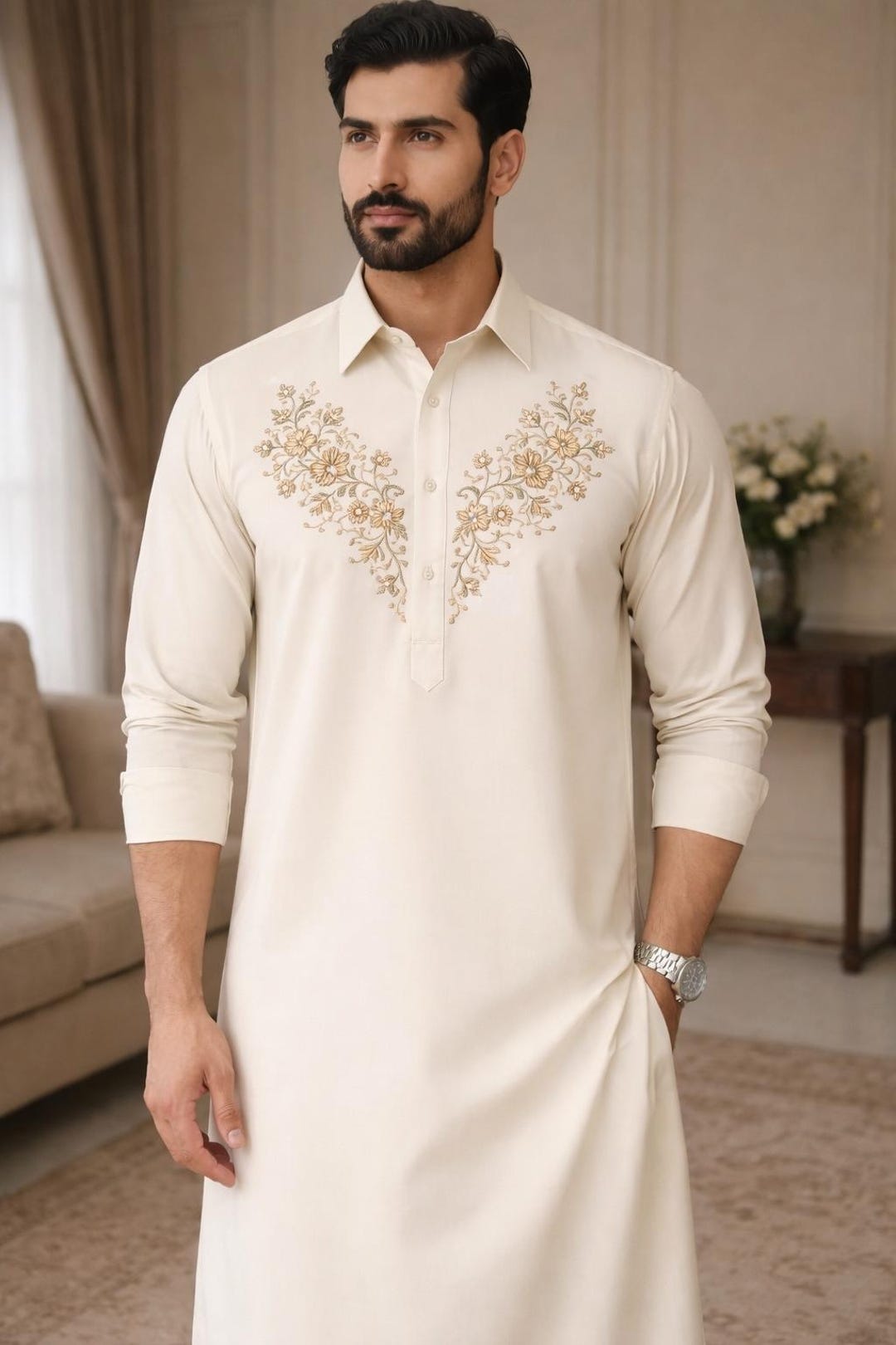 Men's Pure Cream Boski Embroidered Kurta Set – Pakistani Festive ...
