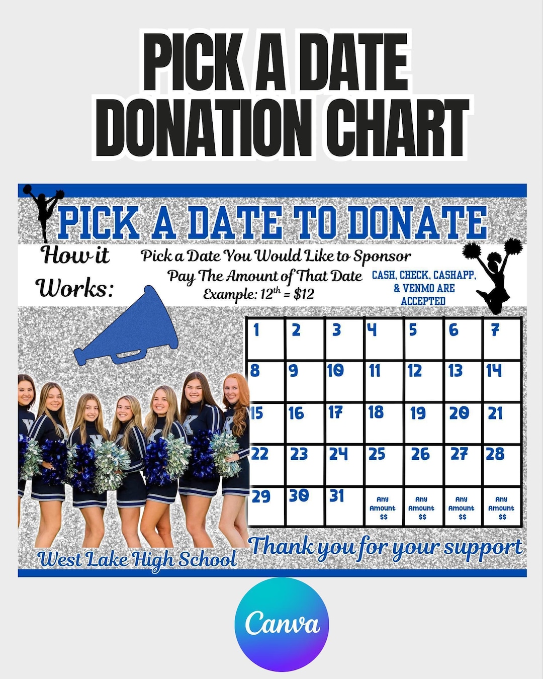 Cheer Fundraiser Donation Chart Editable Canva Calendar Template for ...