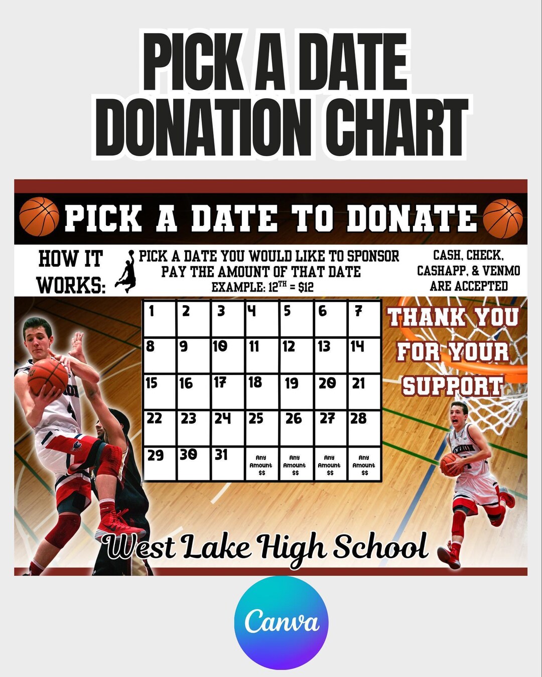 Basketball Fundraiser Chart Template - Editable Canva Sports Donation ...