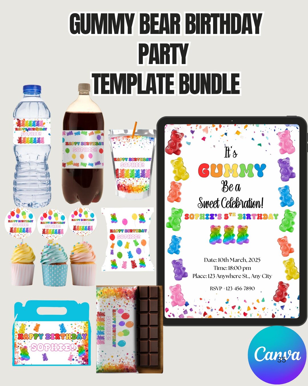 Gummy Bear Party Bundle – Editable Canva Templates for Kids Birthday ...