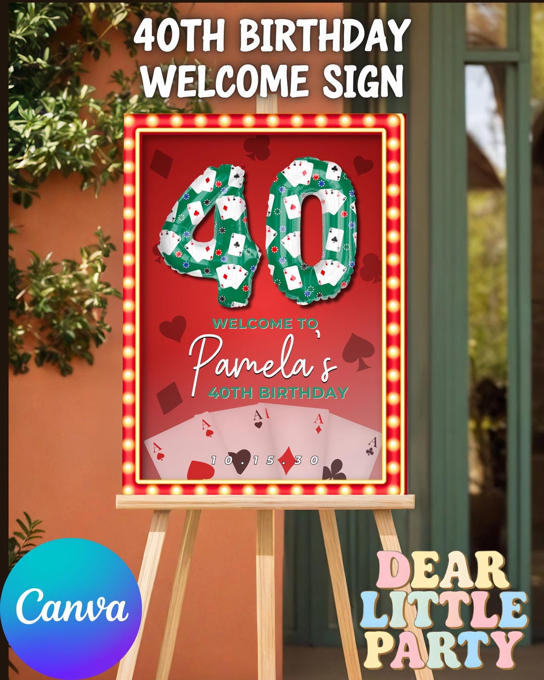 40th Birthday Welcome Sign Casino Theme, Red Playing Cards, Editable ...
