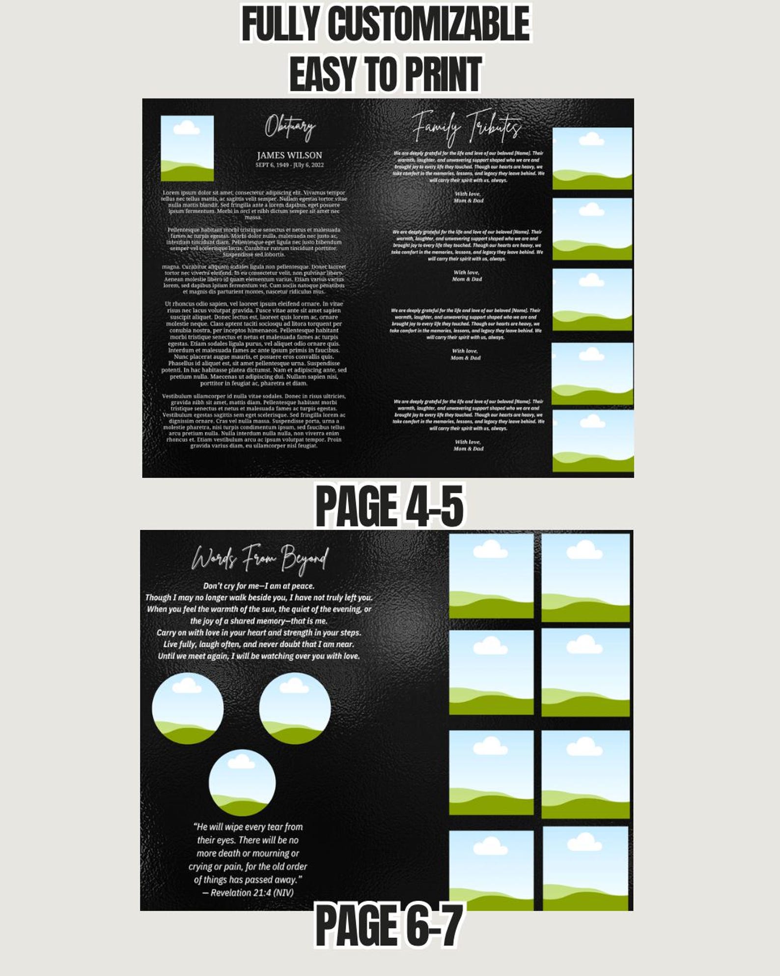 Black Funeral Program Template for Canva - 8-page Obituary Booklet ...